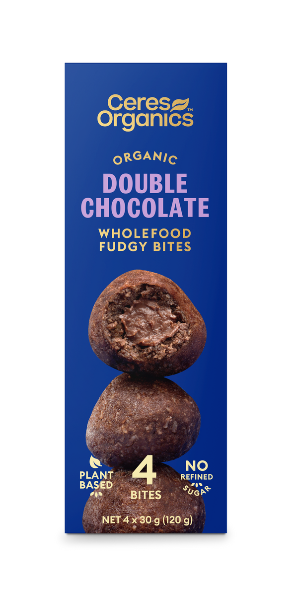 CERES DOUBLE CHOCOLATE FUDGY BITES 120G – Simply Organic NZ